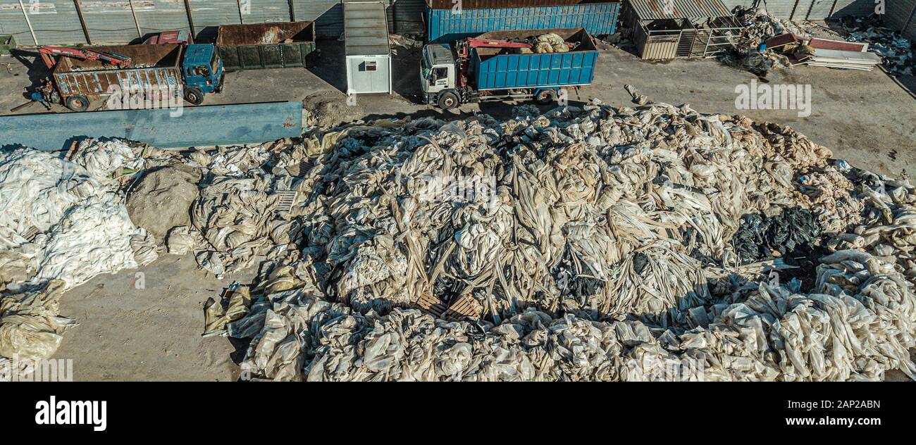 Above view of Mountains of plastic waste from the fruit and vegetable ...