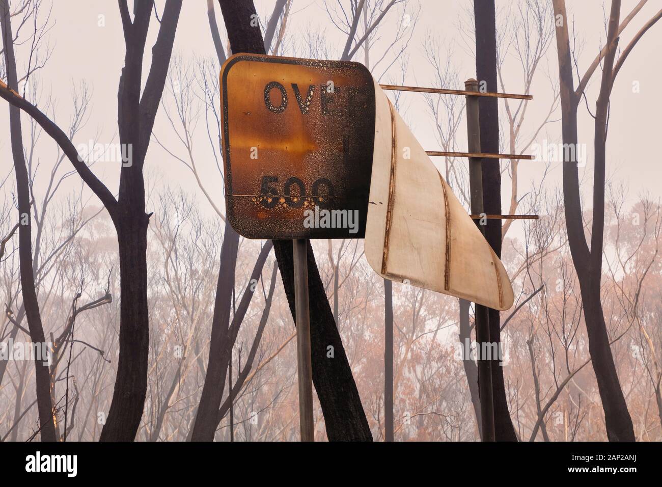 A street sign burnt by bushfire in The Blue Mountains in Australia ...