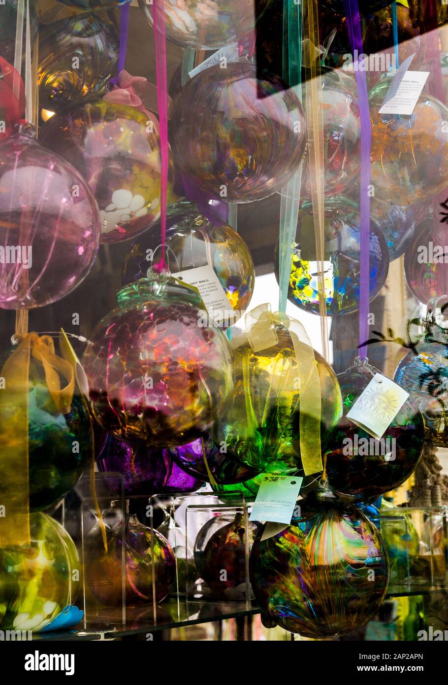 Detail Of Abstracted Art Glass Ornaments In A Shop Window In Downtown Moss Landing California