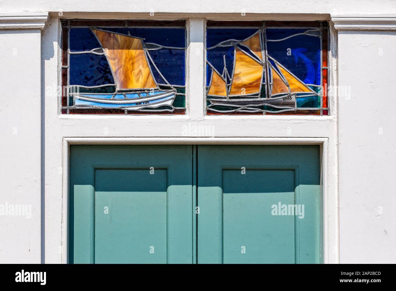Stained glass window of sailing boats at sea taken in Scarborough ...