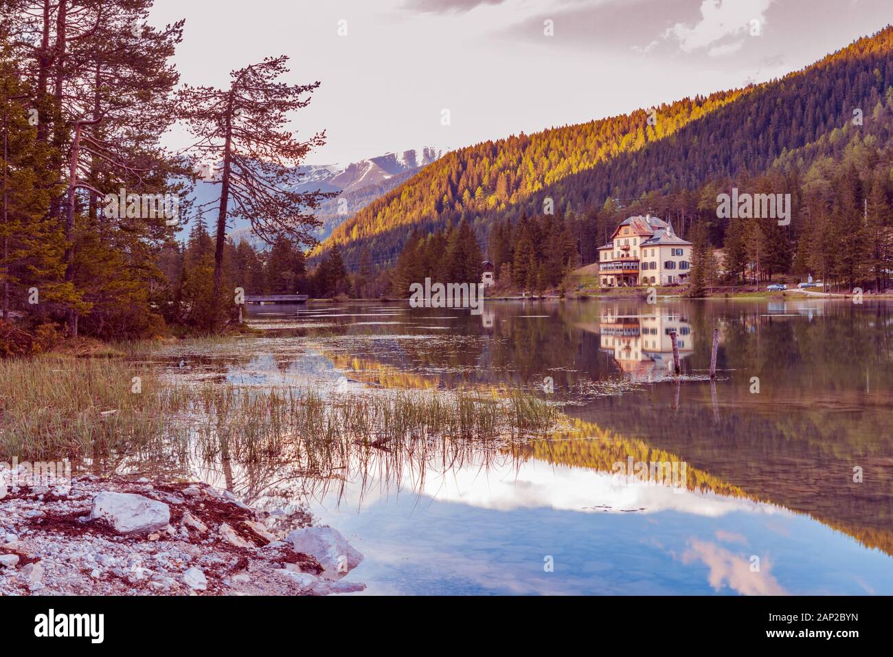 Lago di Dobbiaco alias Toblacher See in Dolomite Alps, South Tirol ...
