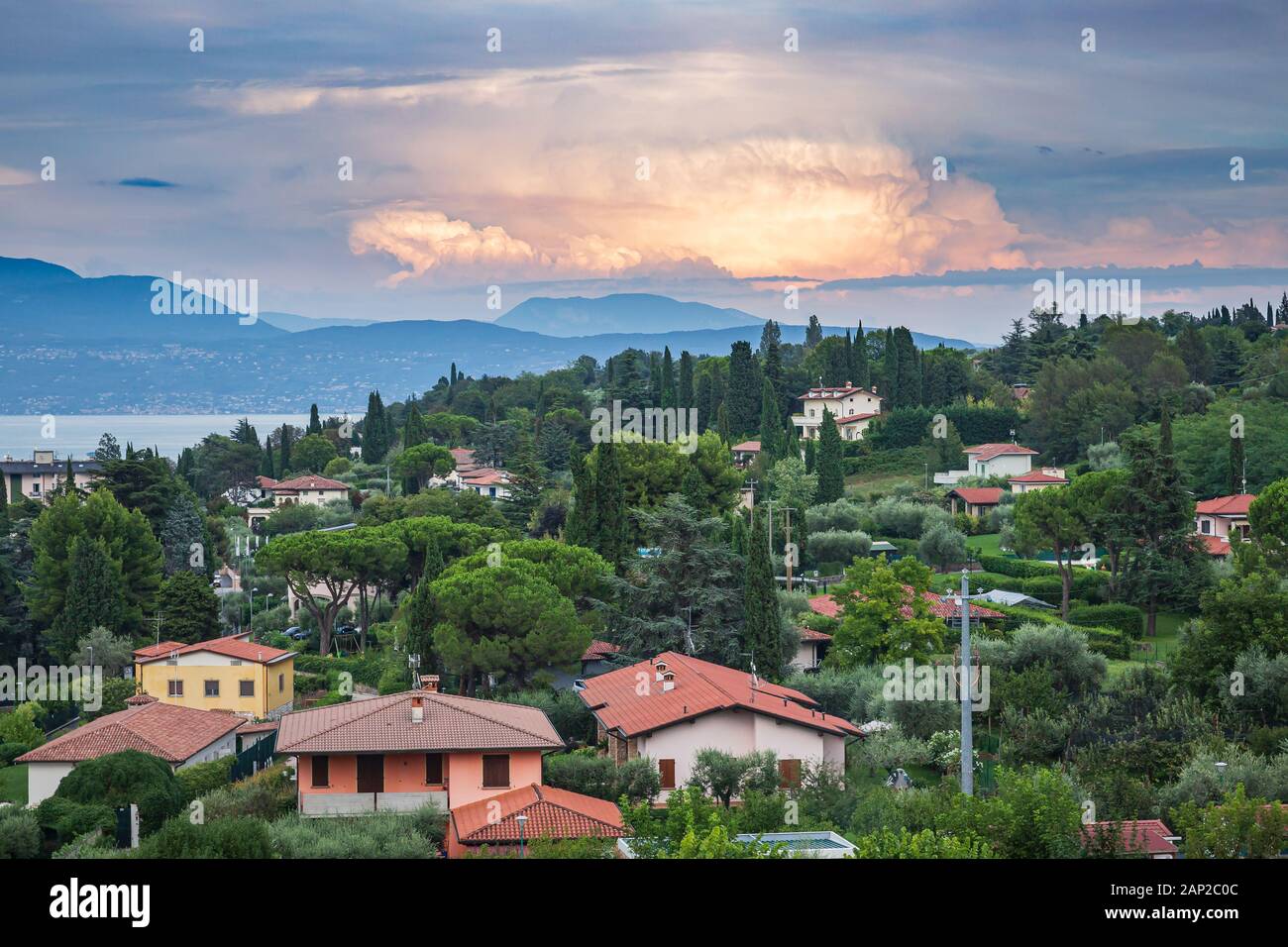 Portese, Italy, beautiful sunset above water at Lake Garda Stock Photo ...