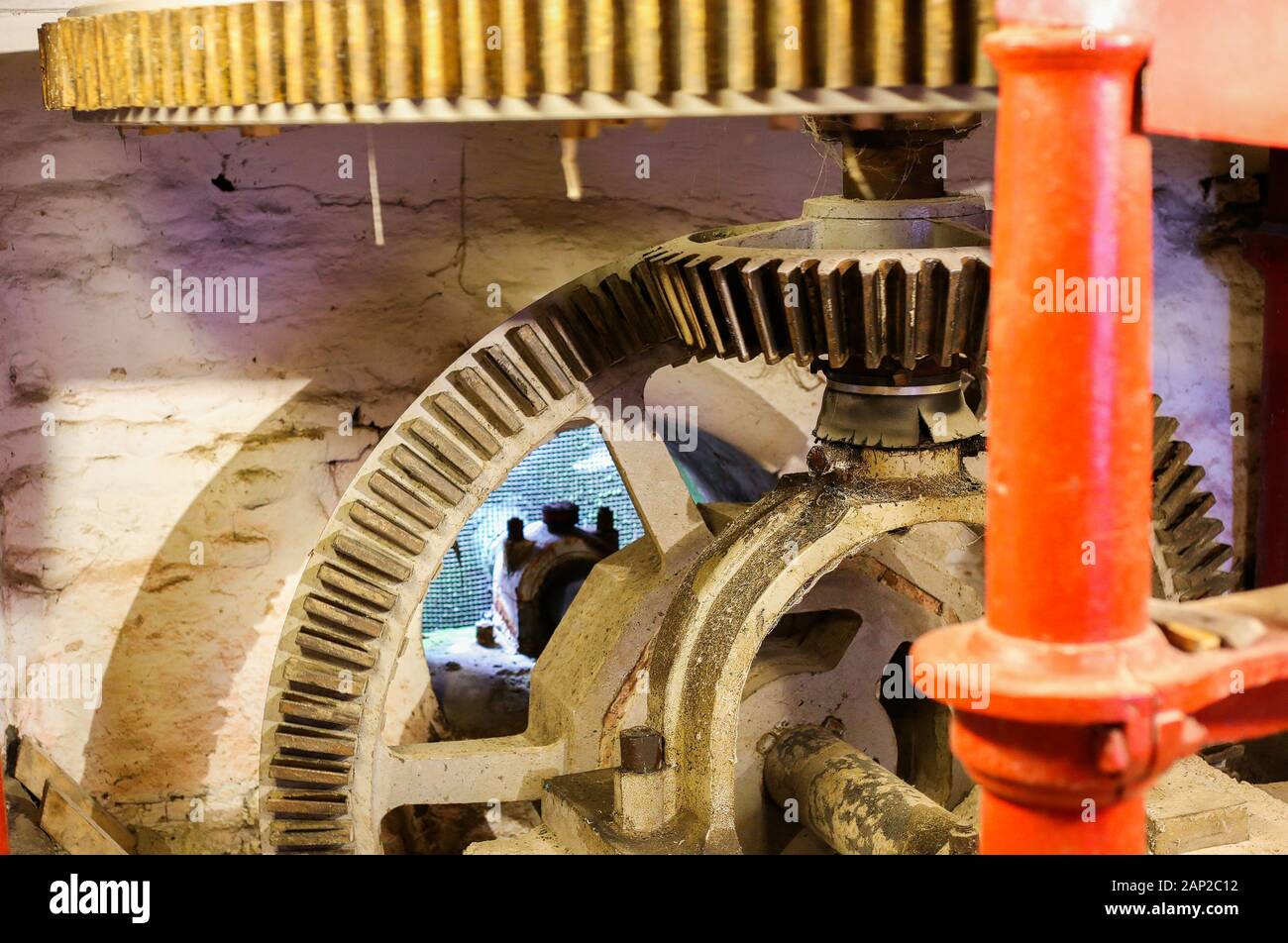 View on ancient gearwheels inside water mill - Maastricht, Netherlands ...