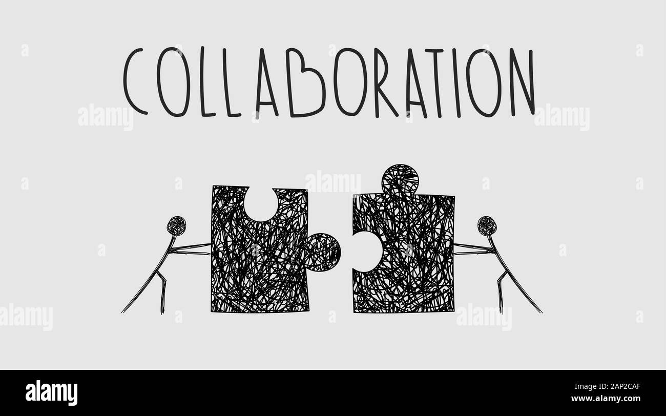 Iconic image of two people connecting puzzles, collaboration lettering ...