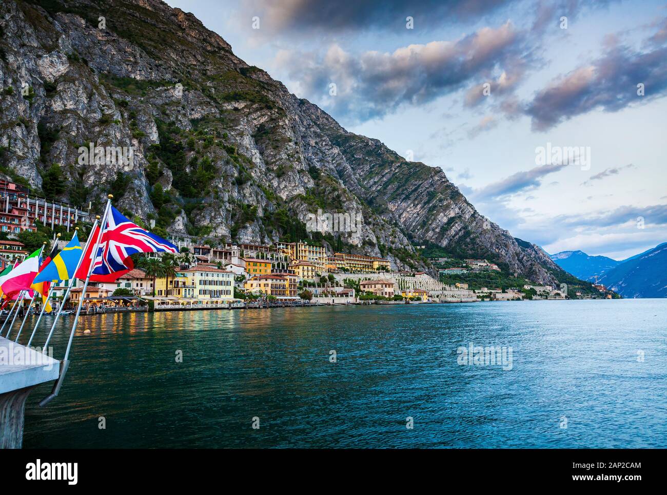 Limone sul Garda village at the lake, during a summer sunset. Popular ...