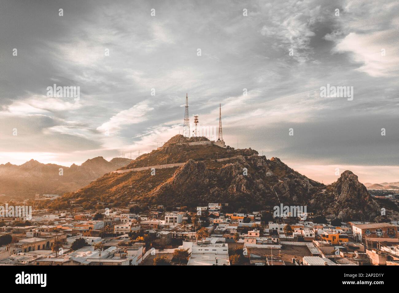 Aerial view of hill or mountain called Cerro de la Campana at dawn ...