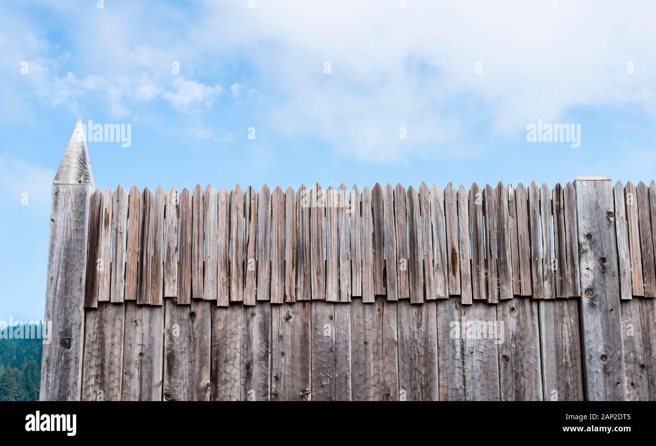 Detail of the wood fort walls and summer sky at Fort Ross State ...