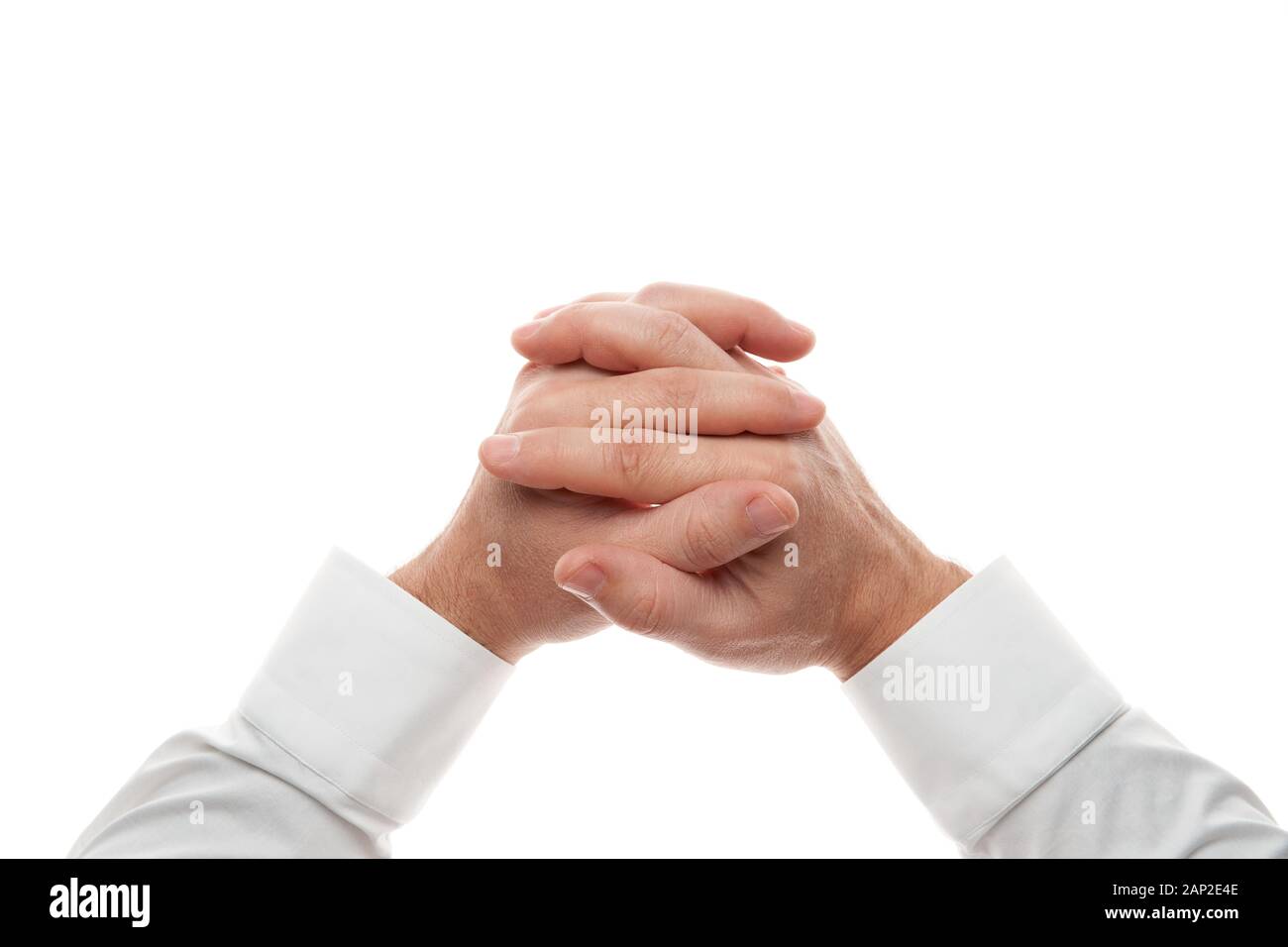 Man hands, thinking gesture, isolated on white background. White shirt ...