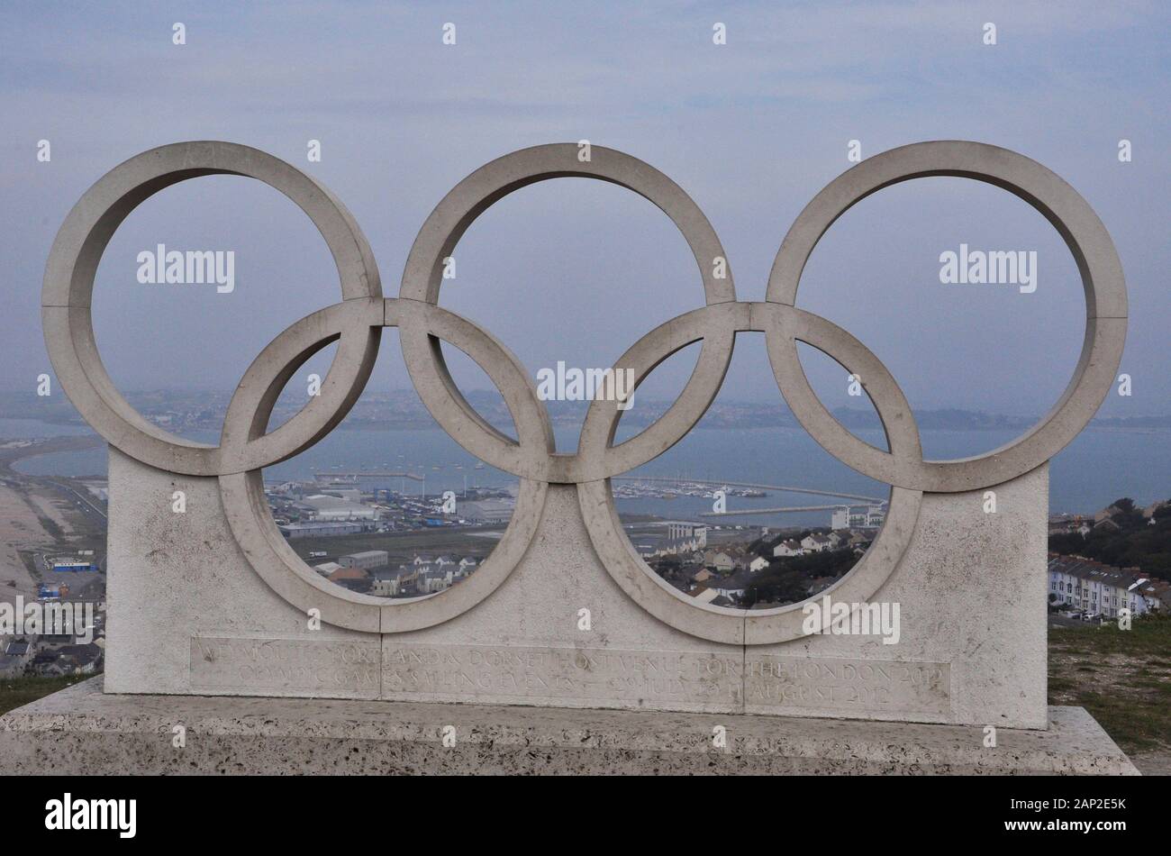 Stone sculptures of the Olympic Rings on a viewpoint on Portland Bill ...
