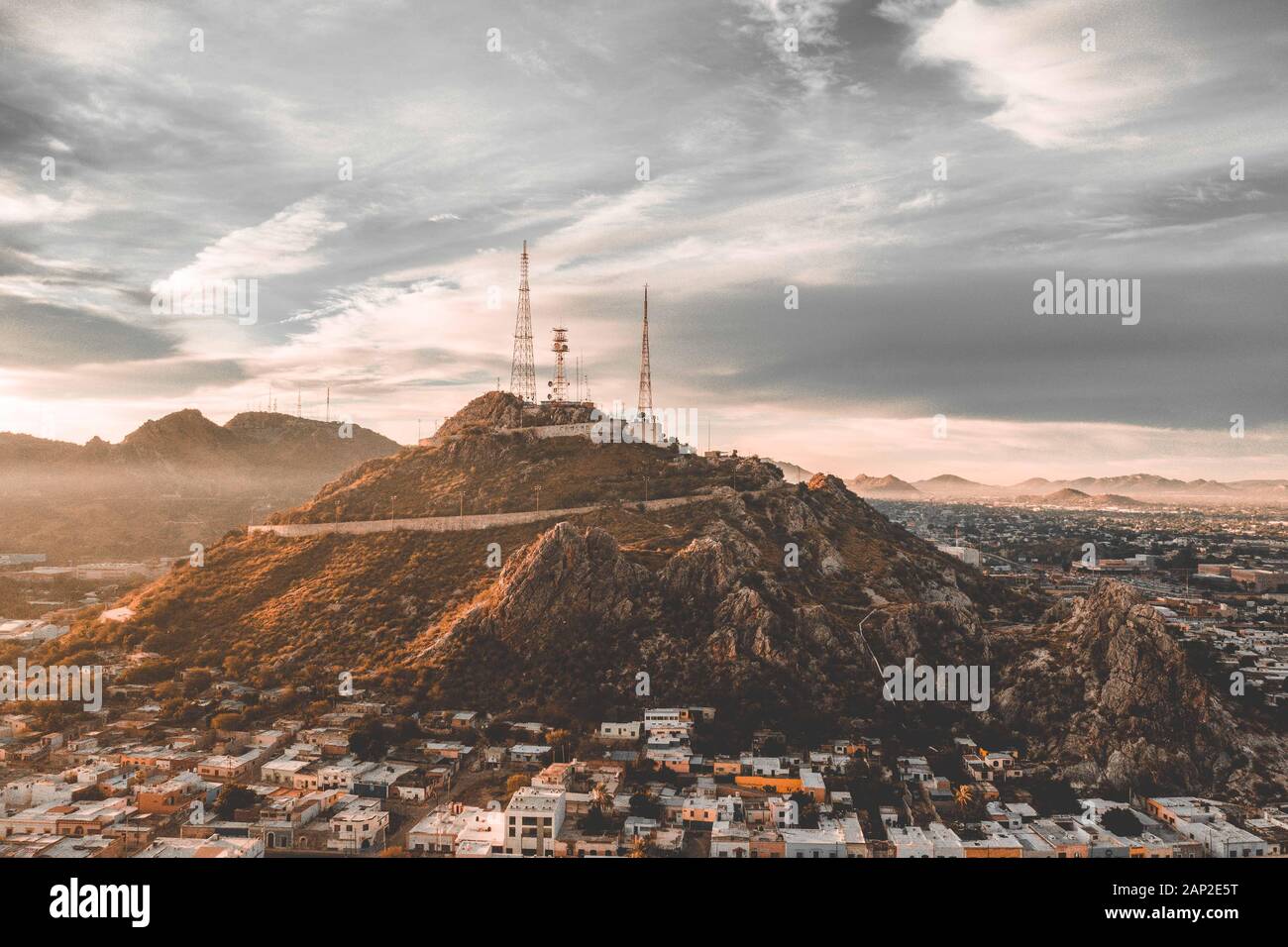 Aerial view of hill or mountain called Cerro de la Campana at dawn ...