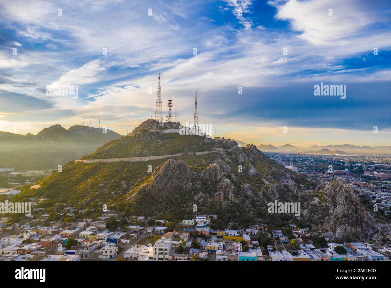 Aerial view of hill or mountain called Cerro de la Campana at dawn ...