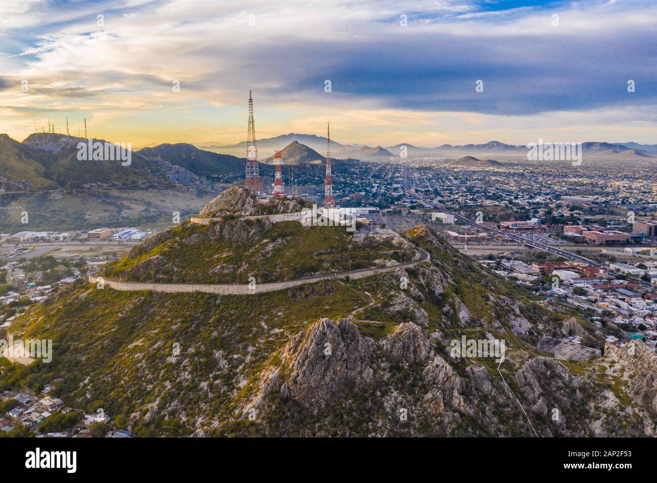 Aerial view of hill or mountain called Cerro de la Campana at dawn ...