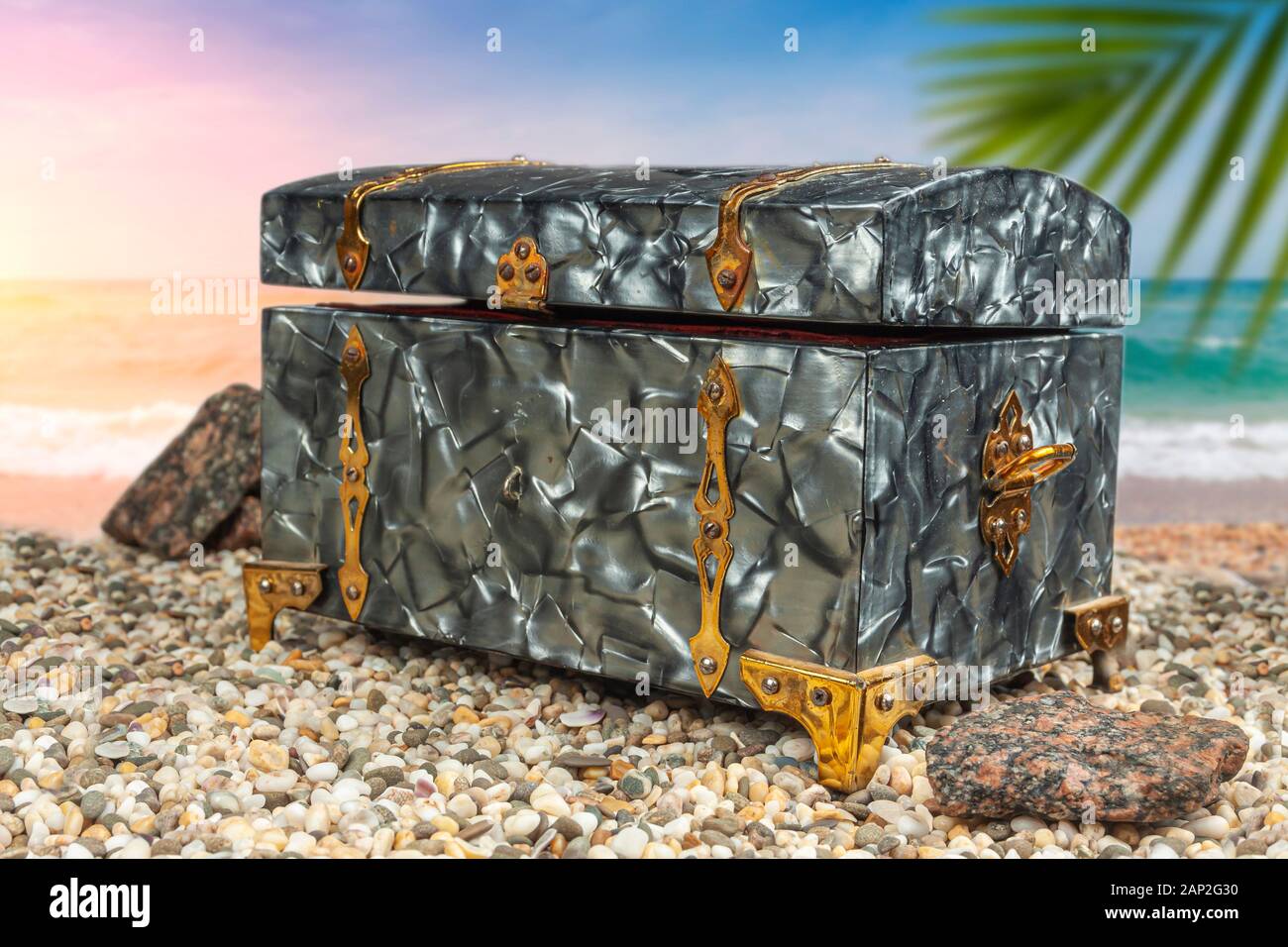 Old chest by the sea under a fern branch Stock Photo - Alamy