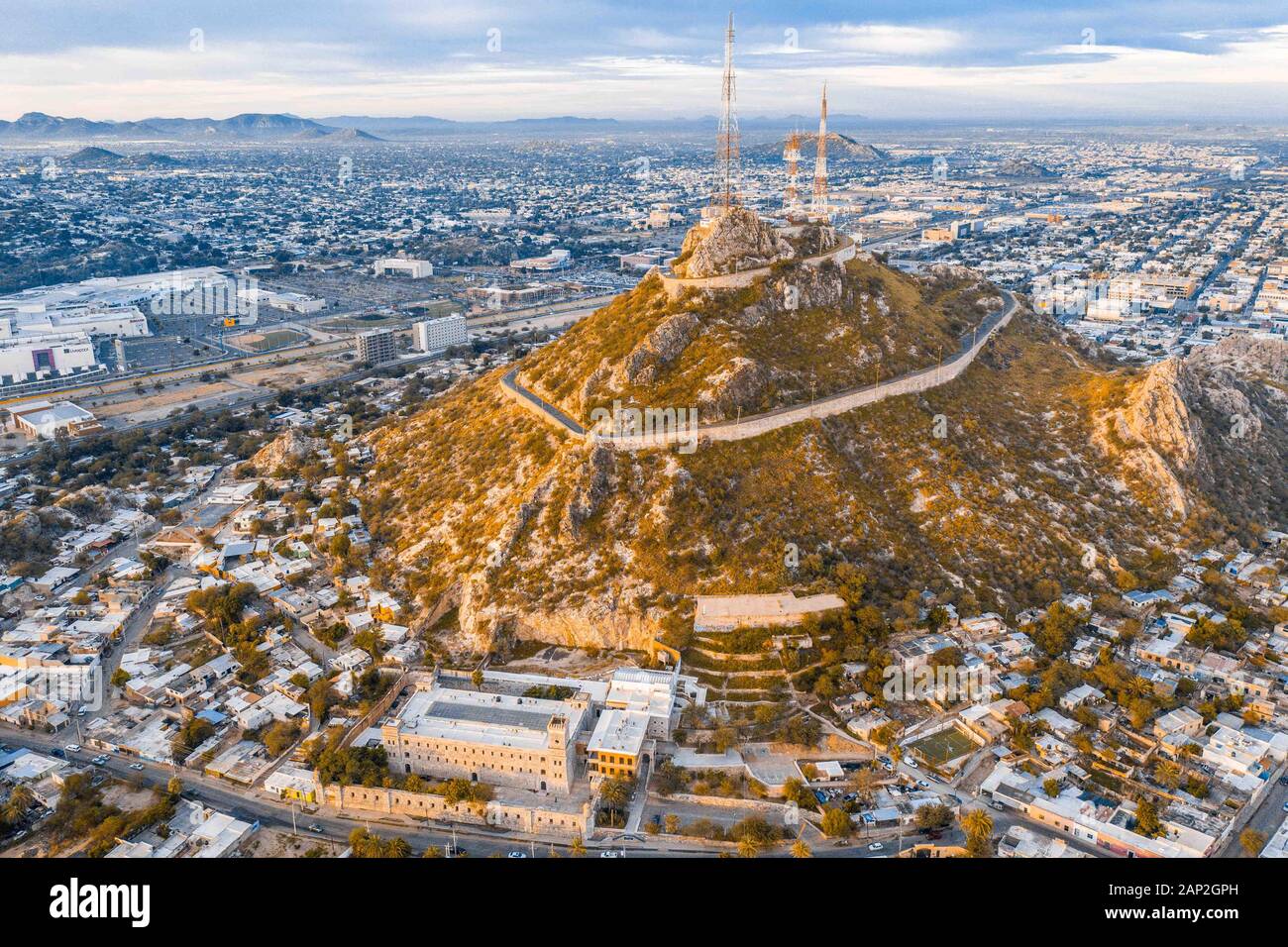 Aerial view of hill or mountain called Cerro de la Campana at dawn ...