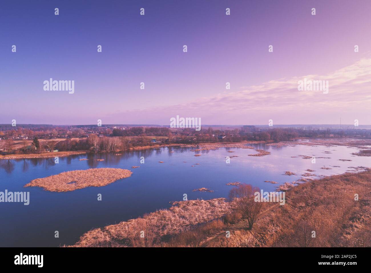 View from above of countryside and river et sunset. Nature landscape ...