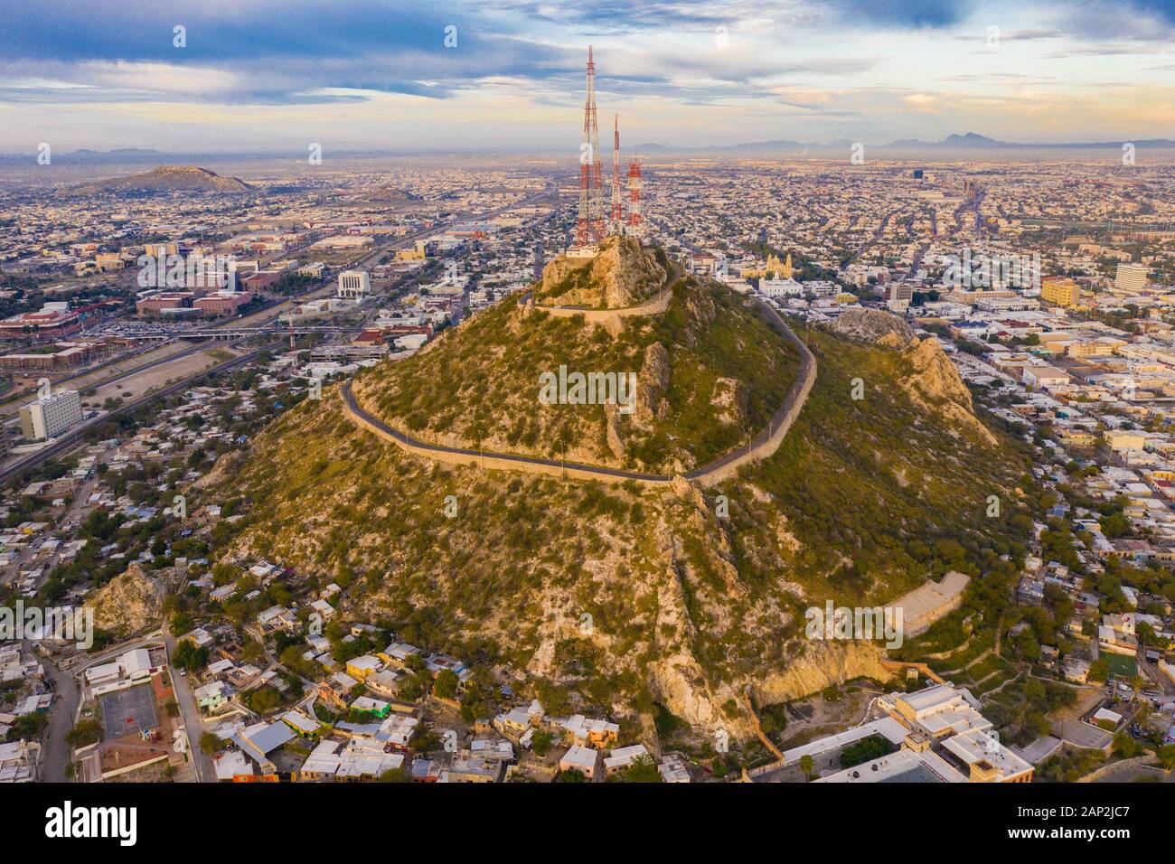 Aerial view of hill or mountain called Cerro de la Campana at dawn ...