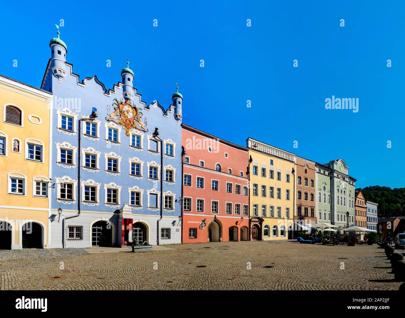 The central square of the town of Burghausen Germany. Sunny day ...