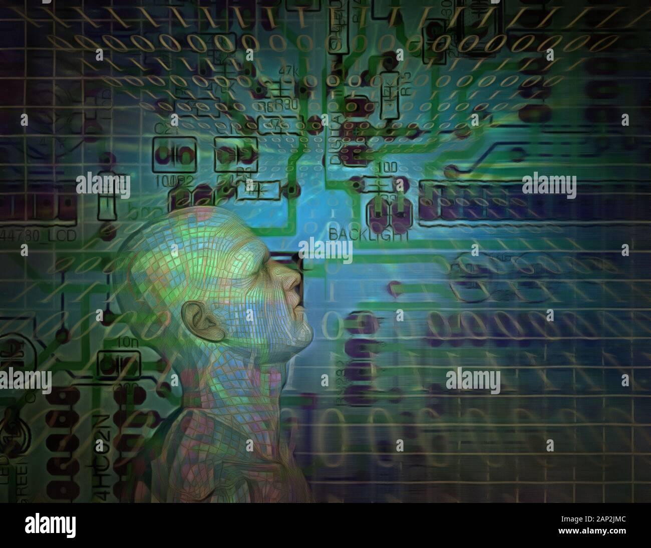 Droid on circuit pattern with binary code Stock Photo - Alamy