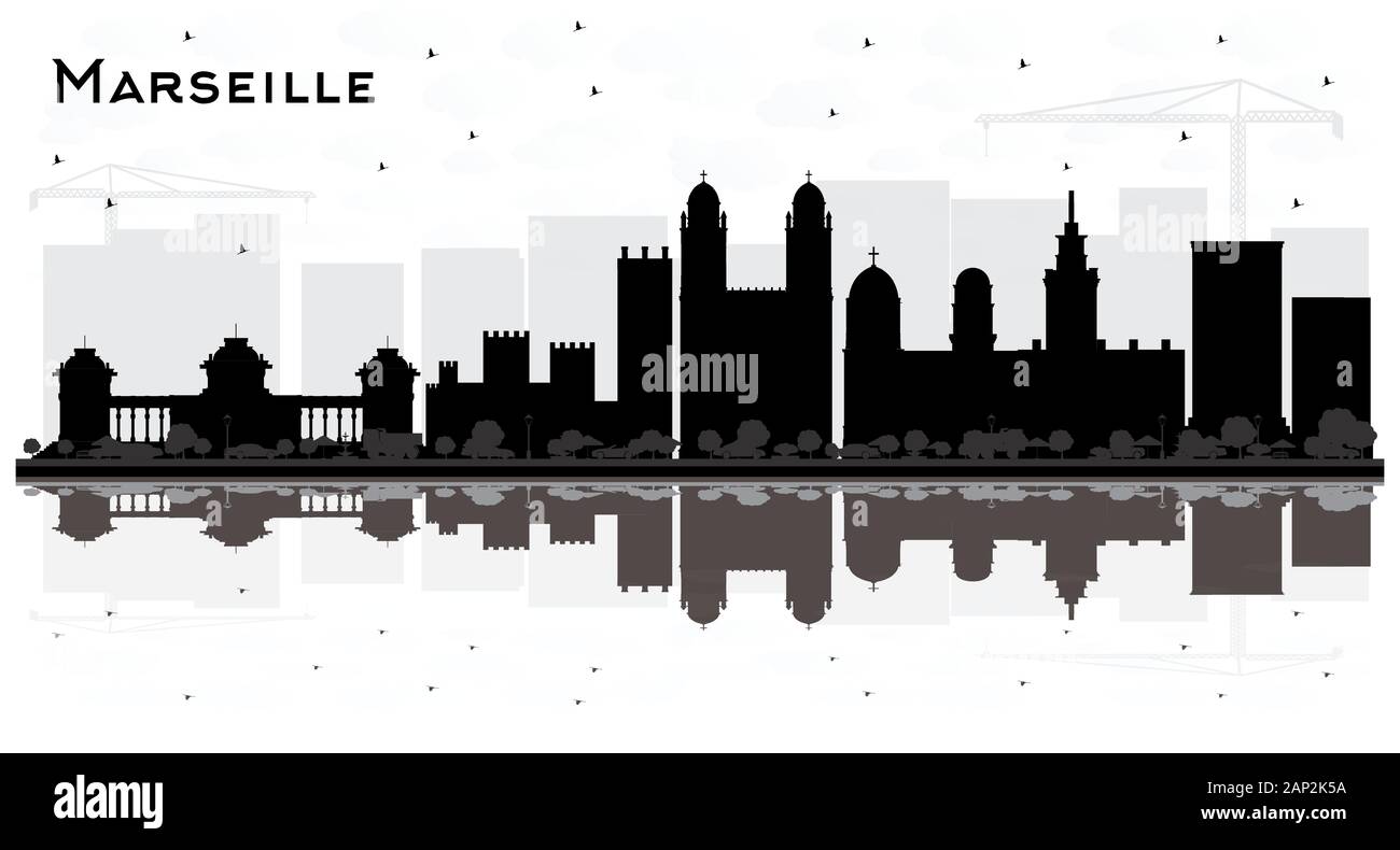 Marseille France City Skyline Silhouette with Black and White Buildings ...