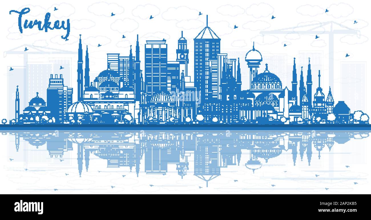 Outline Turkey City Skyline with Blue Buildings and Reflections. Vector ...