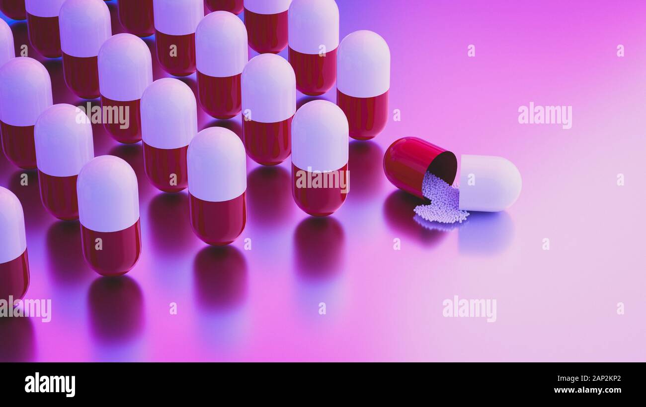 perspective view 3d illustration of many red and white medical capsules ...