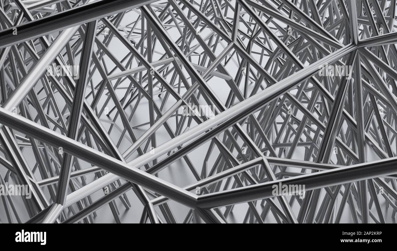 closeup abstract 3d illustration of chaotic structure of chrome bars ...