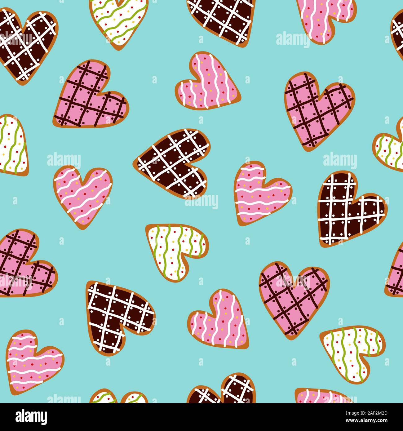 Seamless pattern with heart shaped cookies with sugar icing on a blue ...