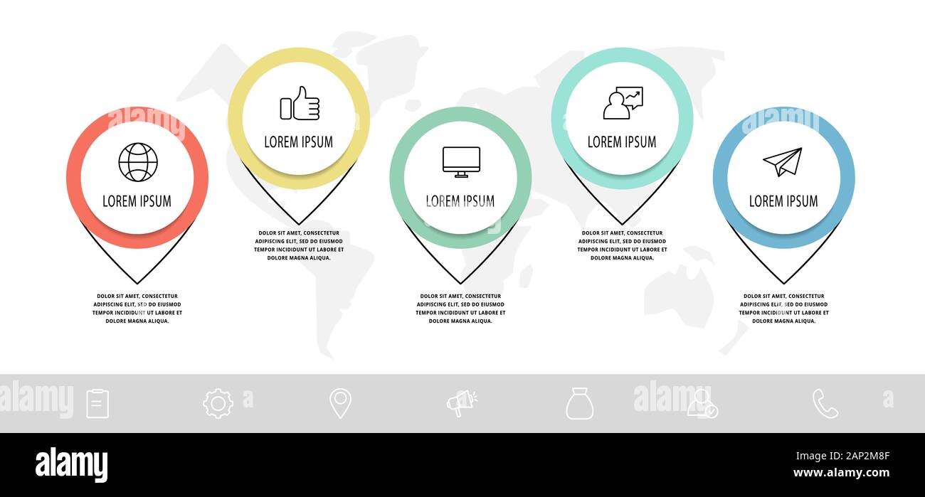 Vector infographic with 5 pins and circles. Used for five diagrams ...