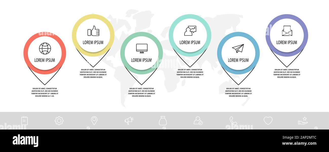 Vector infographic with 6 pins and circles. Used for six diagrams ...