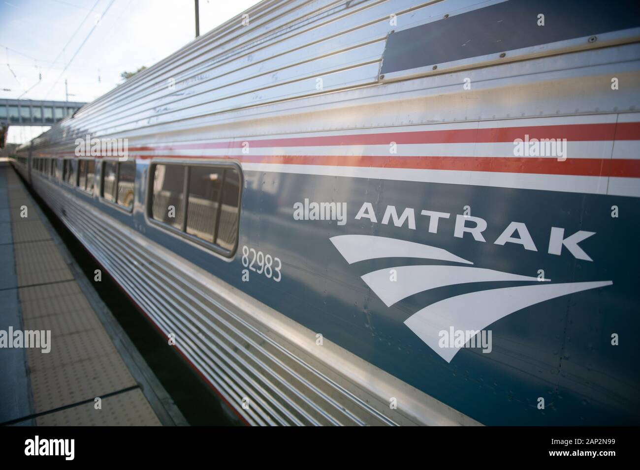 An Amtrak logo as seen on a train stopped at the Baltimore Washington ...