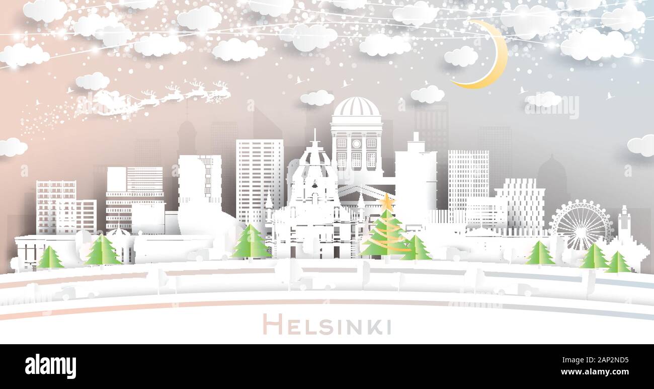 Helsinki Finland City Skyline in Paper Cut Style with Snowflakes, Moon ...