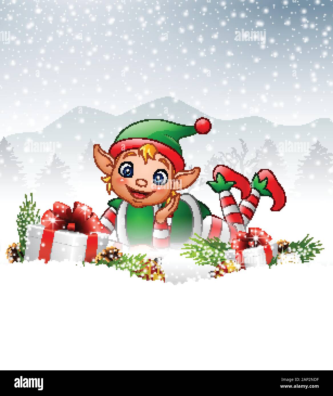 Christmas background with little elf laying on the snow Stock Vector ...