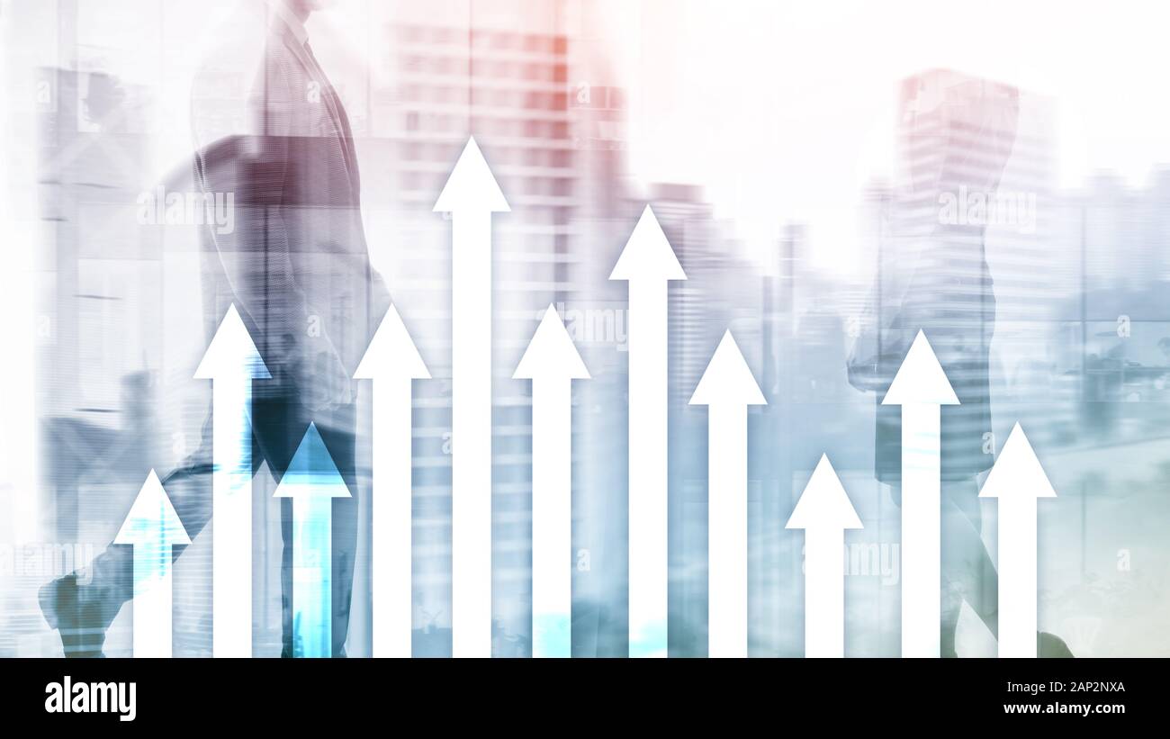 Up arrow graph on skyscraper background. Invesment and financial growth ...