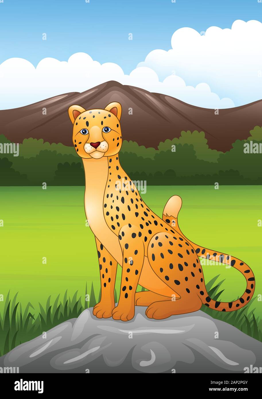 Cartoon cheetah sitting on a rock in African savanna Stock Vector Image ...