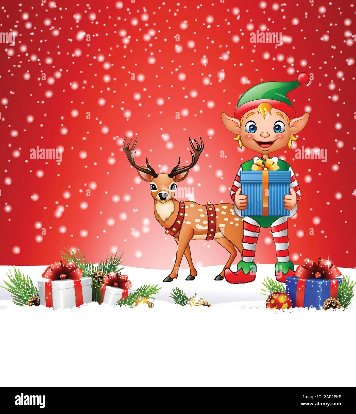 Christmas background with elf holding gift box Stock Vector Image & Art ...