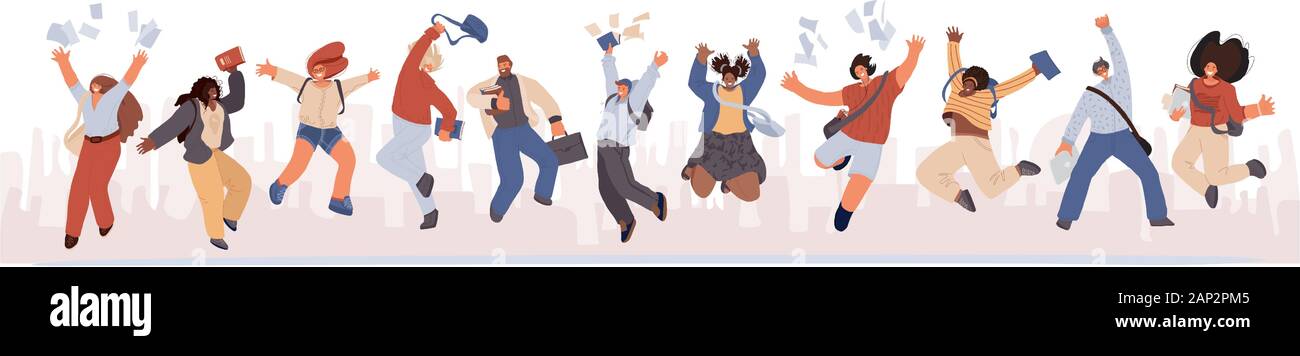 Group of happy students jumping with books, paper in hands. Young ...