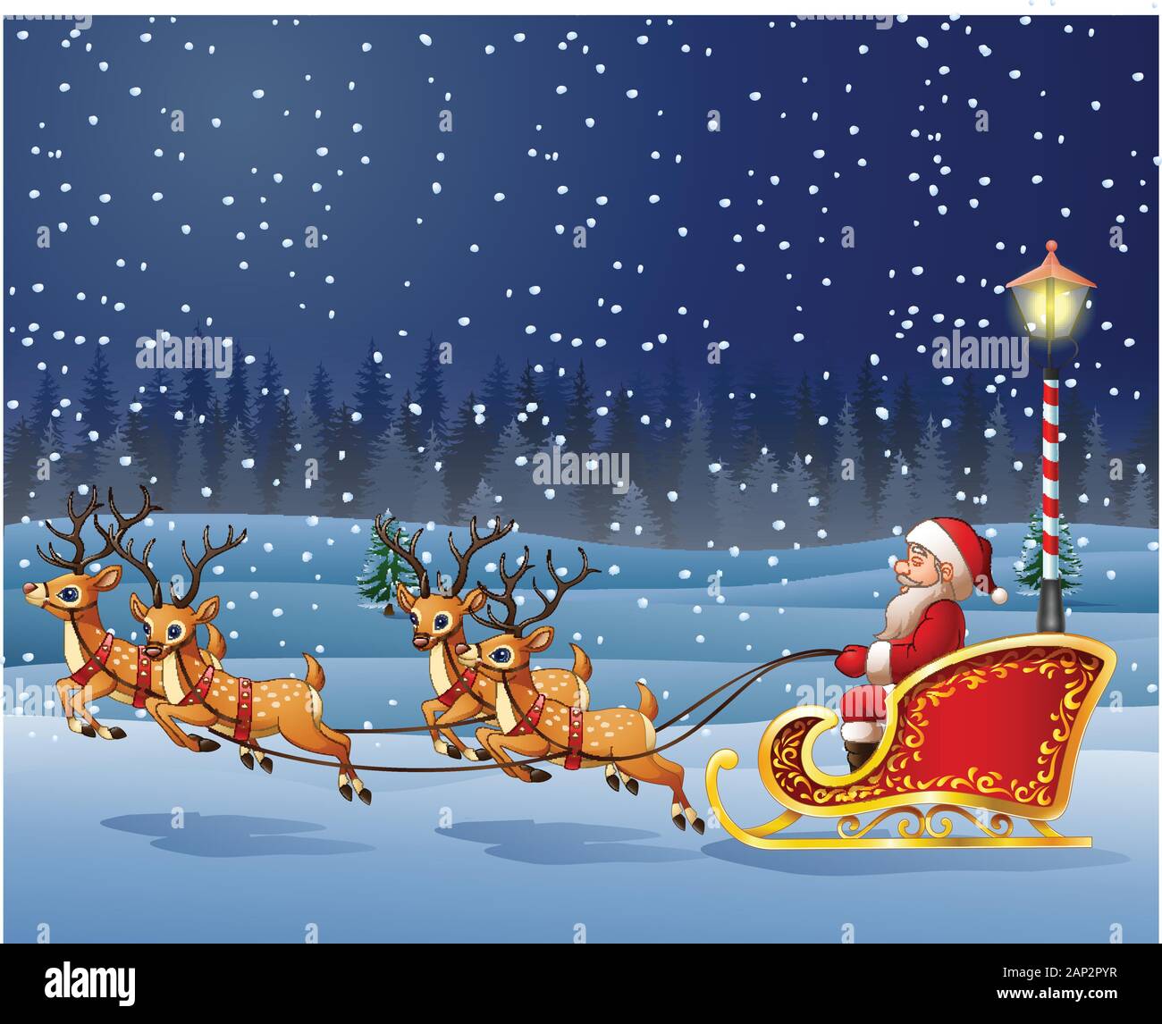 Christmas background with Santa Clause riding his reindeer sleight ...