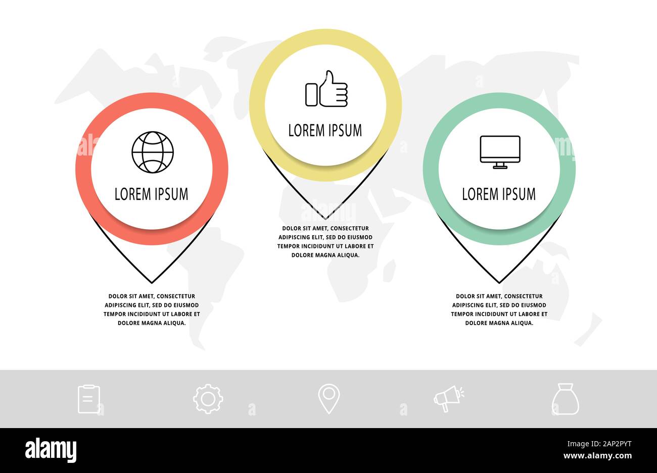 Vector infographic with 3 pins and circles. Used for three diagrams ...