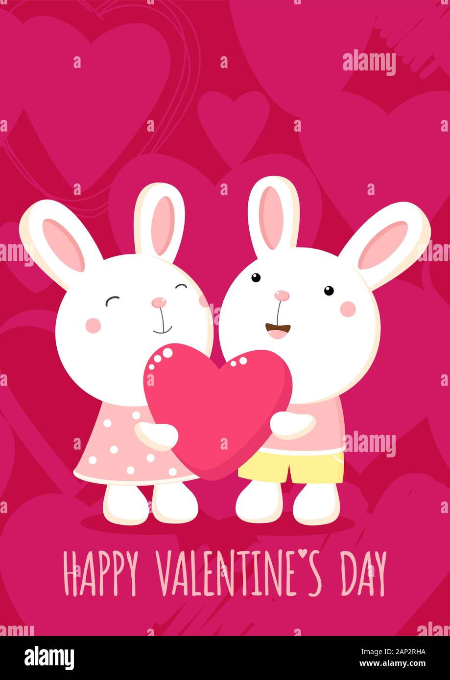 Valentine day card with two cute rabbits with pink heart. Inscription ...