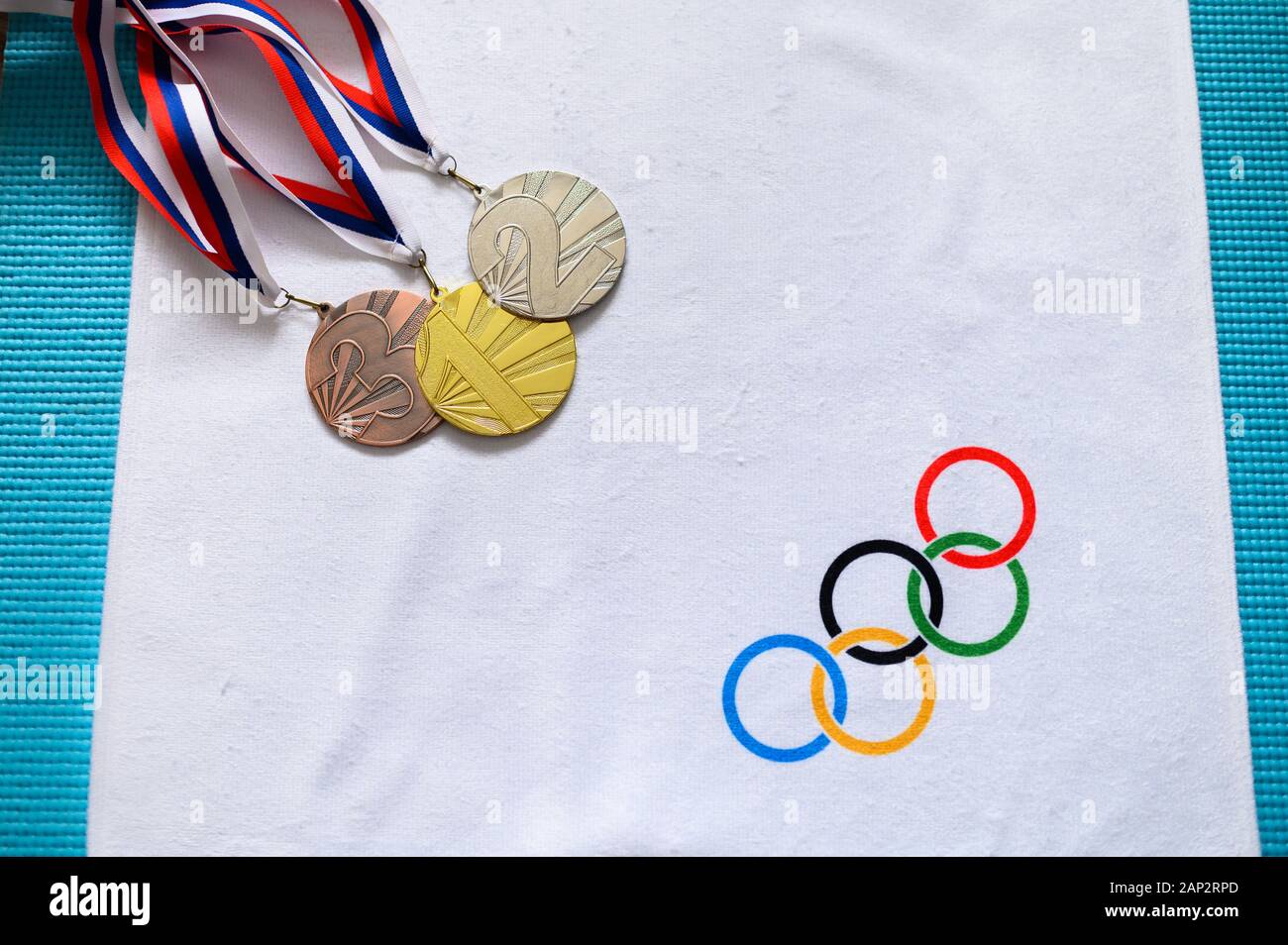TOKYO, JAPAN, JANUARY. 20. 2020: Medal olympic ceremony, medal table ...