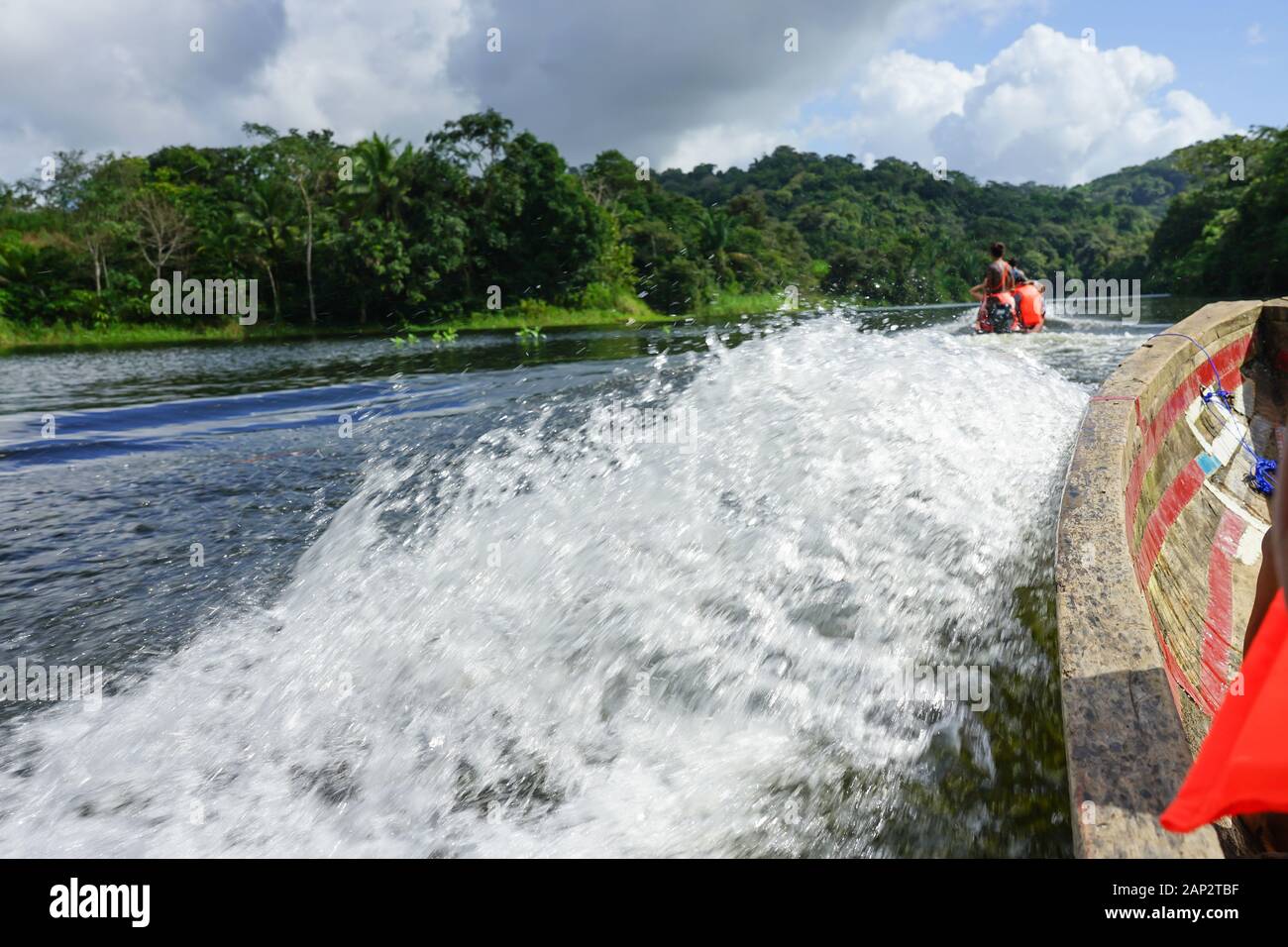 Tourist in dugout canoe toward the Embera Indigenous Village in the ...