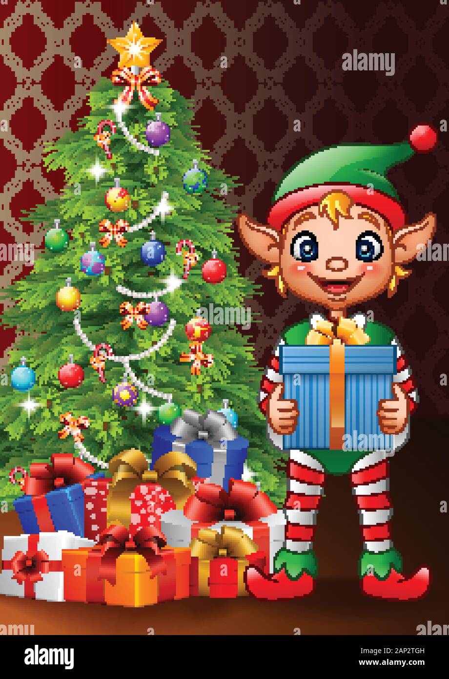 Christmas background with elf holding gift box Stock Vector Image & Art ...