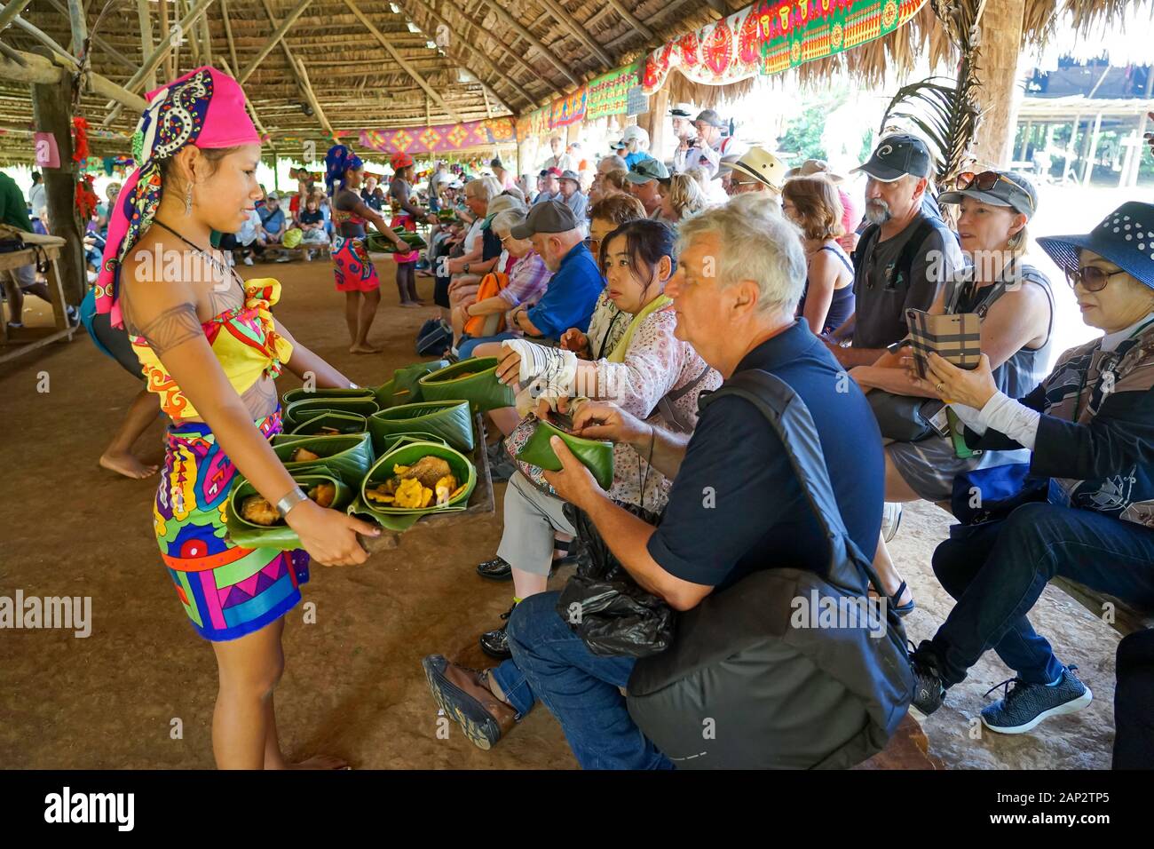 Serving food of fish and vegetables to the tourists, Embera Indigenous ...