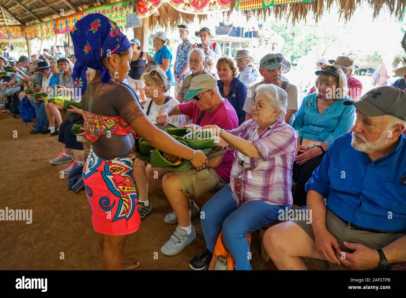 Serving food of fish and vegetables to the tourists, Embera Indigenous ...