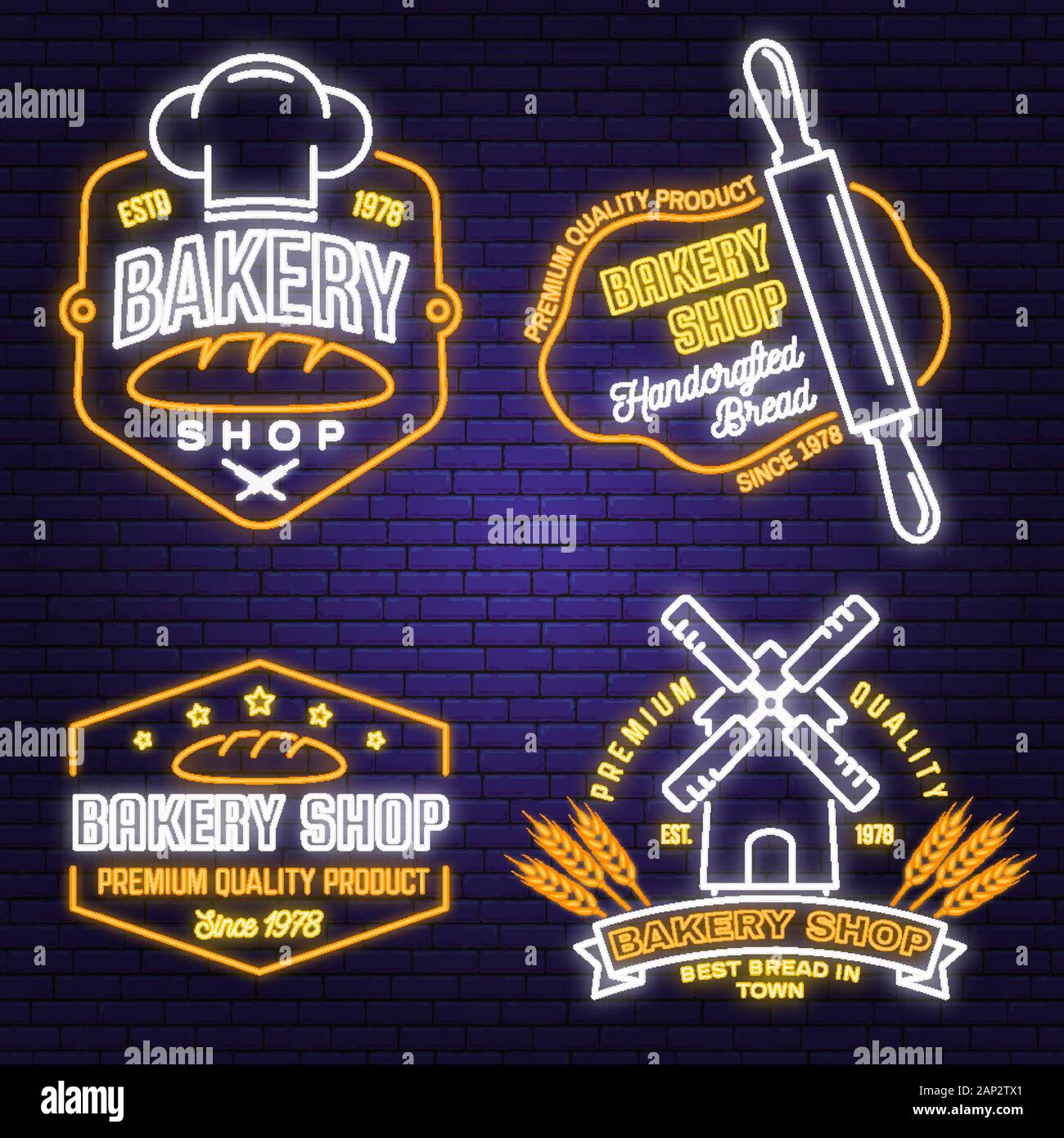 Set of Bakery shop neon bright signboard, light banner. Vector. Concept ...