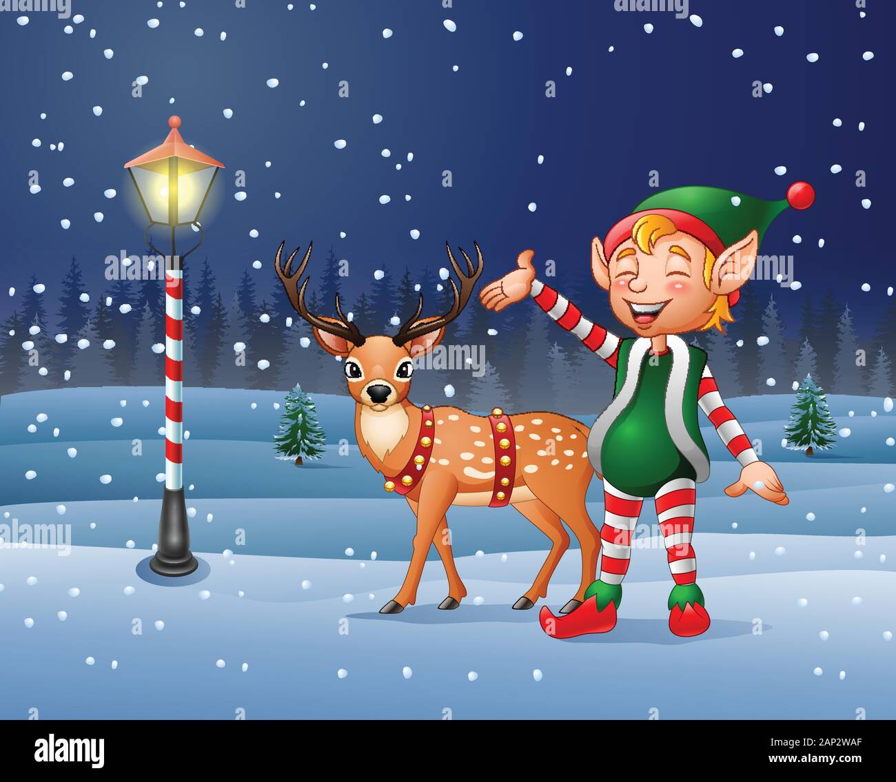 Cartoon Christmas elf with reindeer Stock Vector Image & Art - Alamy