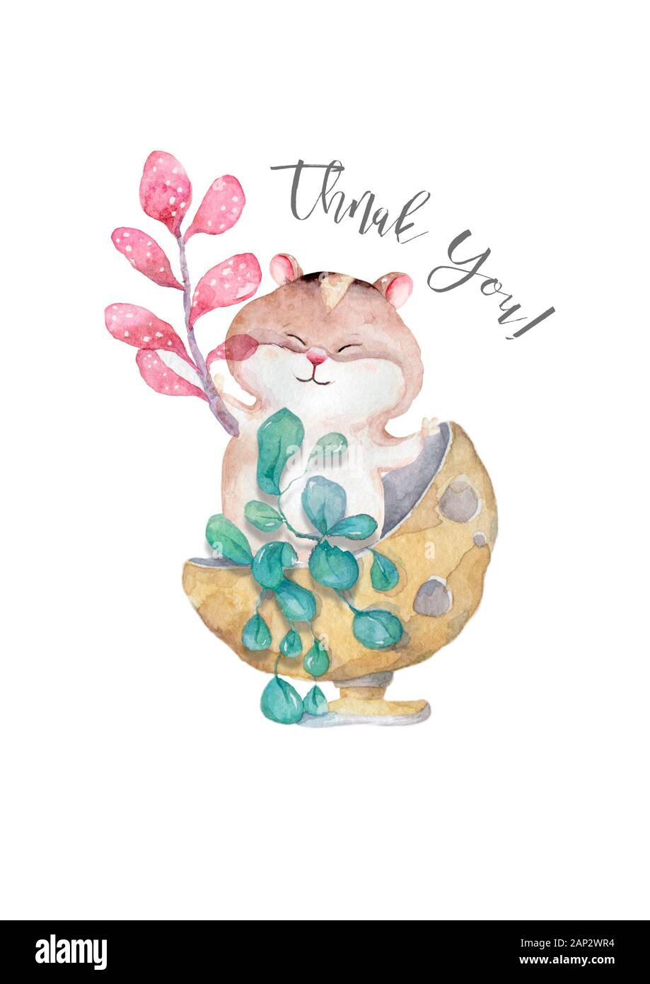 Thank You lettering gift card with a happy hamster holding a pink ...