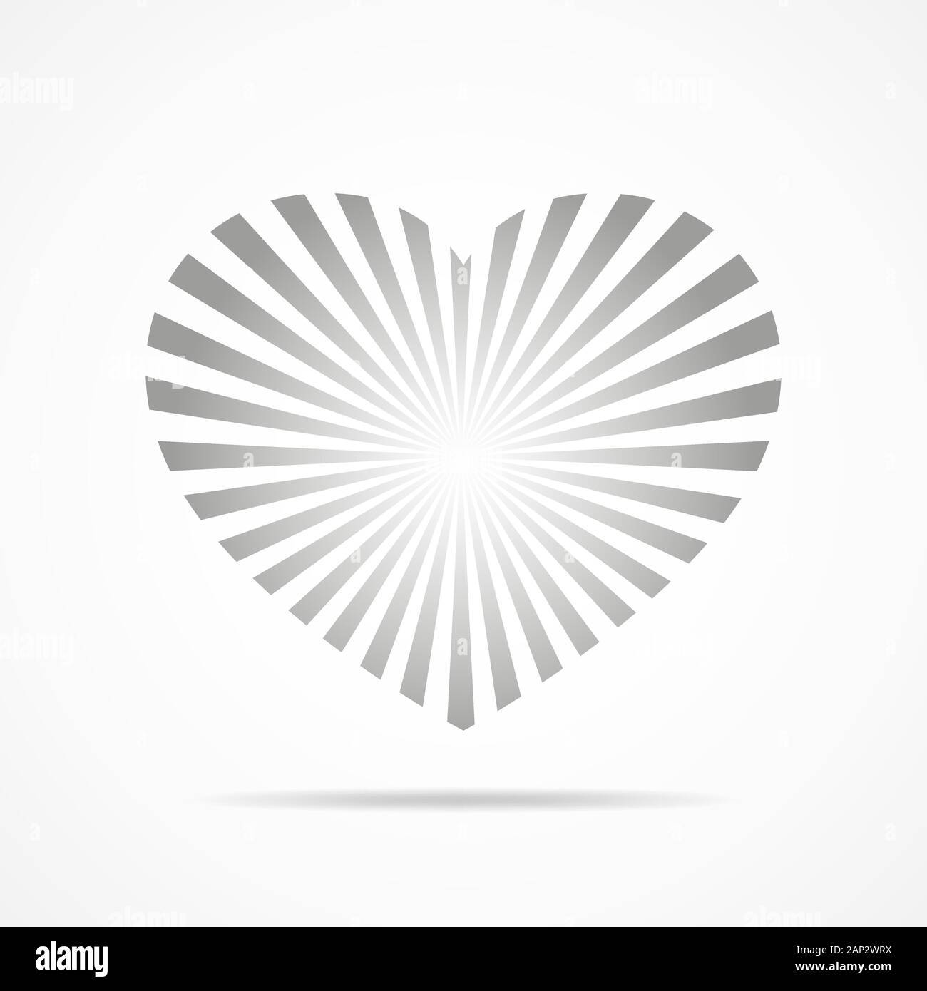 Gray heart for the Valentine's day. Abstract heart with sun rays, on white background in flat ...