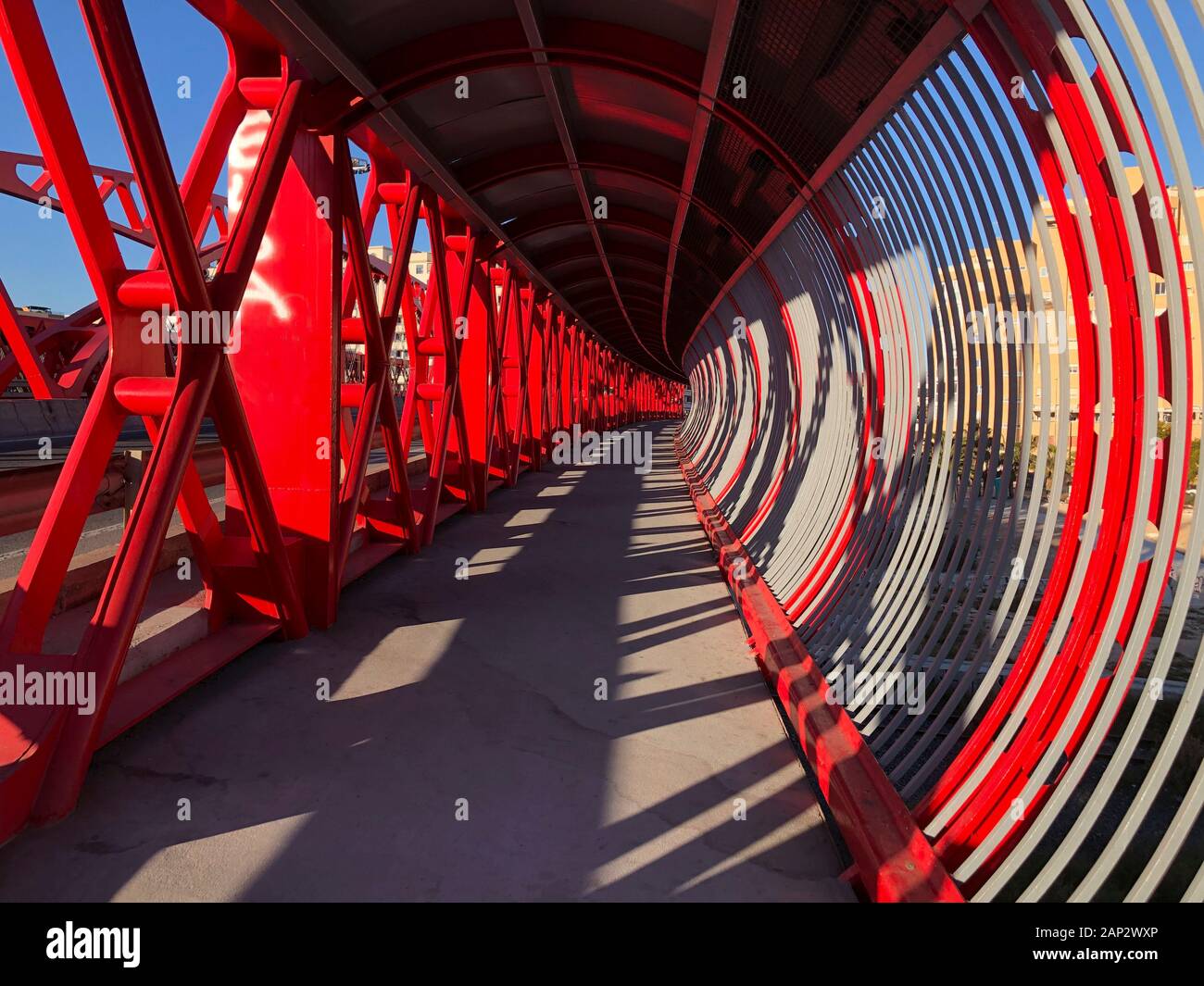 Modern red bridge in the city of Alicante, Costa Blanca, Spain, Europe ...