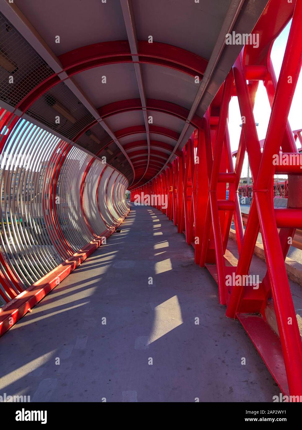Modern red bridge in the city of Alicante, Costa Blanca, Spain, Europe ...